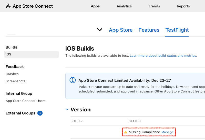 Flutterapp Store Connecttestflight Builds Missing Compliance